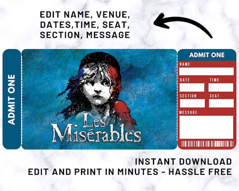 PRINTABLE Les Miserables Ticket, Les Miserables Broadway Surprise ...