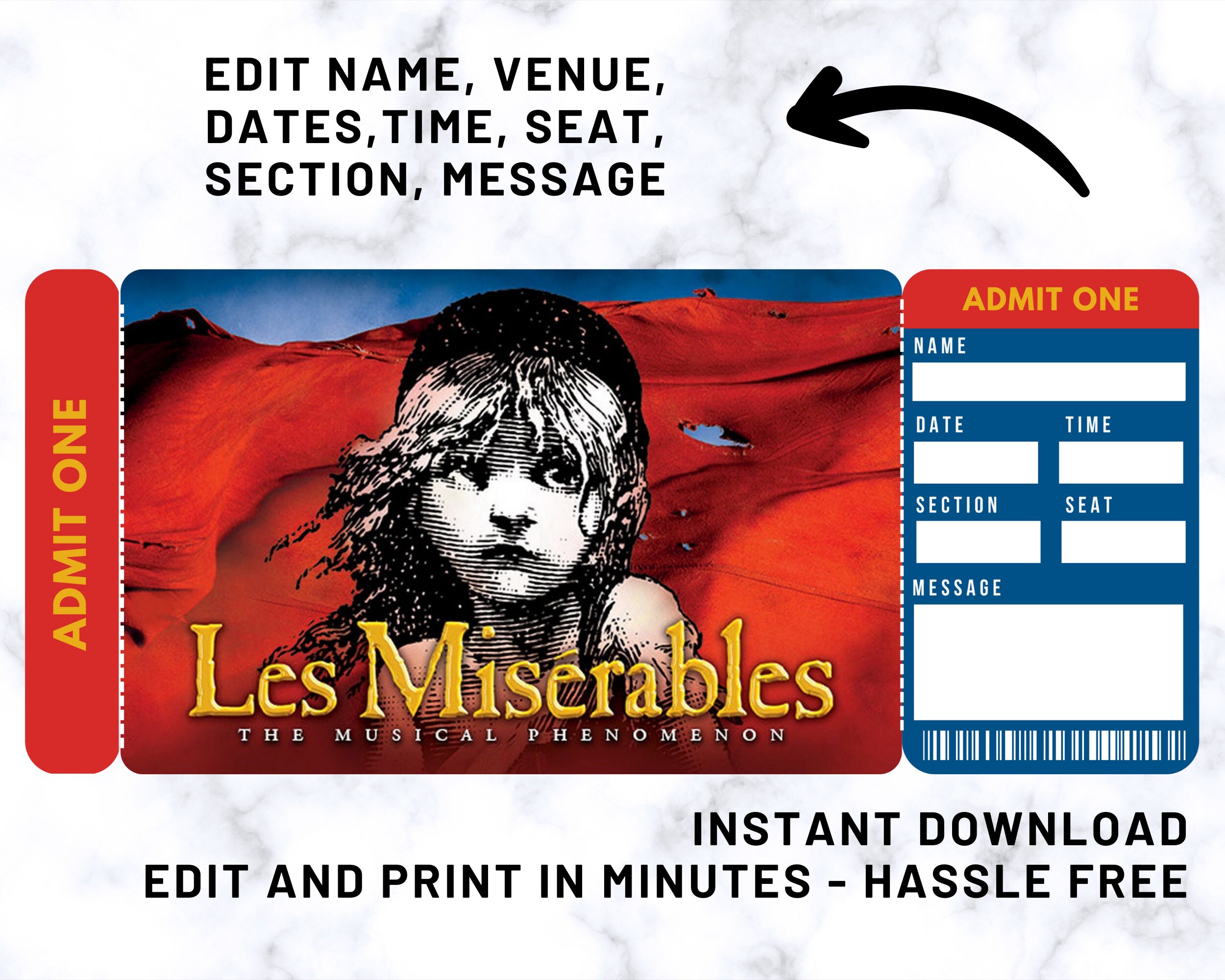 PRINTABLE Les Miserables Ticket, Les Miserables Broadway Surprise ...