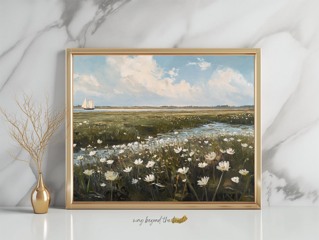 Wall Art Painting, Spring Meadow Painting, Flowers, Vintage Landscape ...