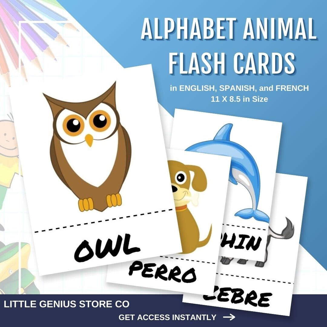 Alphabet Animal Flash Cards in English French Spanish | Homeschool ...