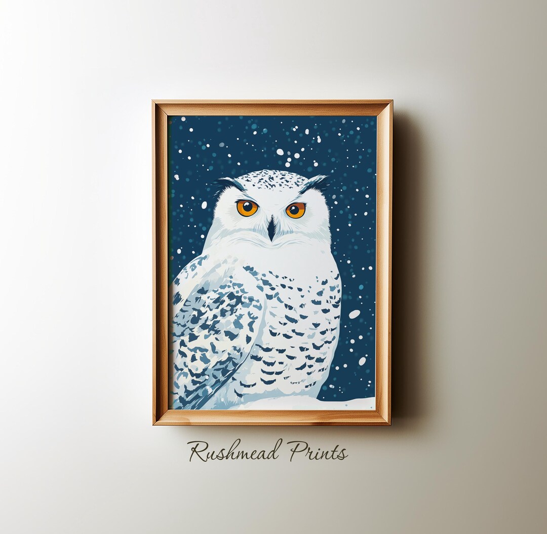 Snowy Owl in the Snow Art Print, Mid Century Modern White Owl, Digital ...