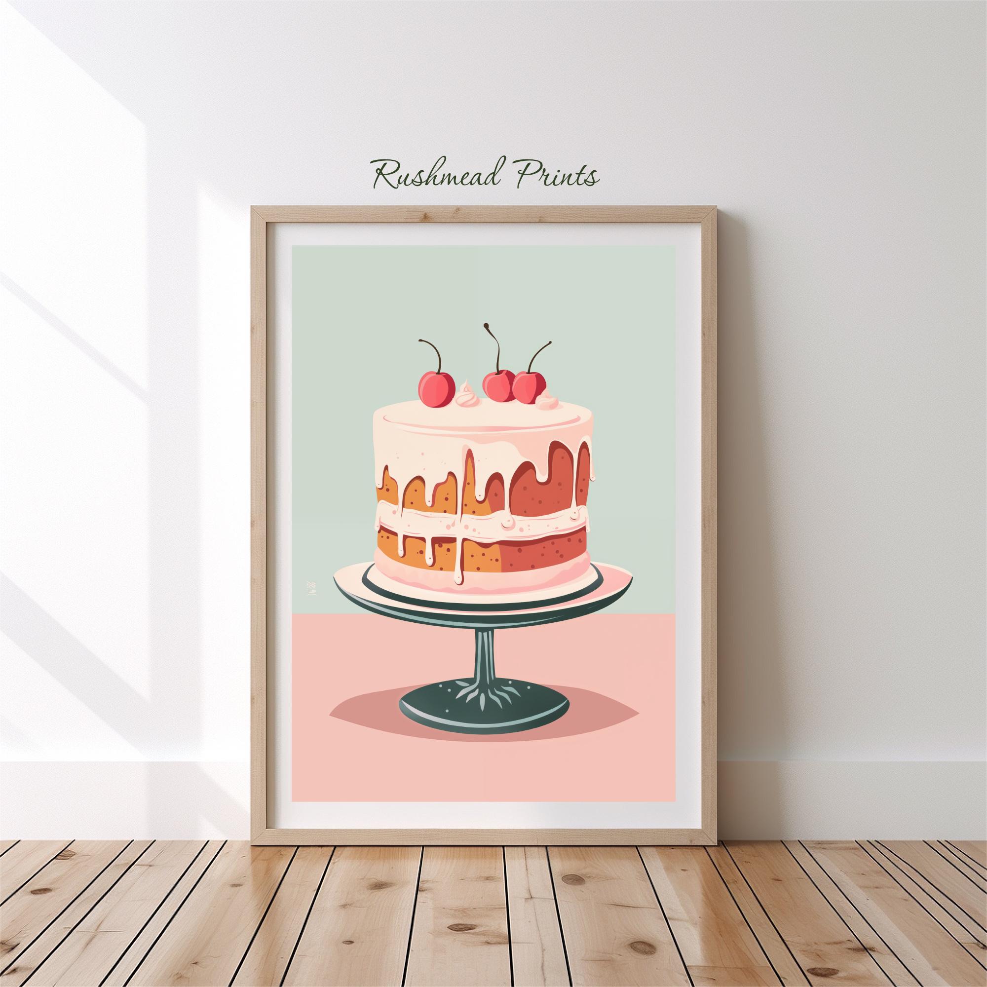 Sponge Cake Print, Cherry on Top, Love Baking Art, Mid Century Modern ...
