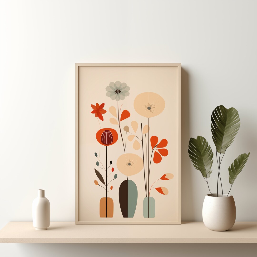 Mid Century Modern Flower Poster, Boho Botanical Wall Art, Digital Wall ...