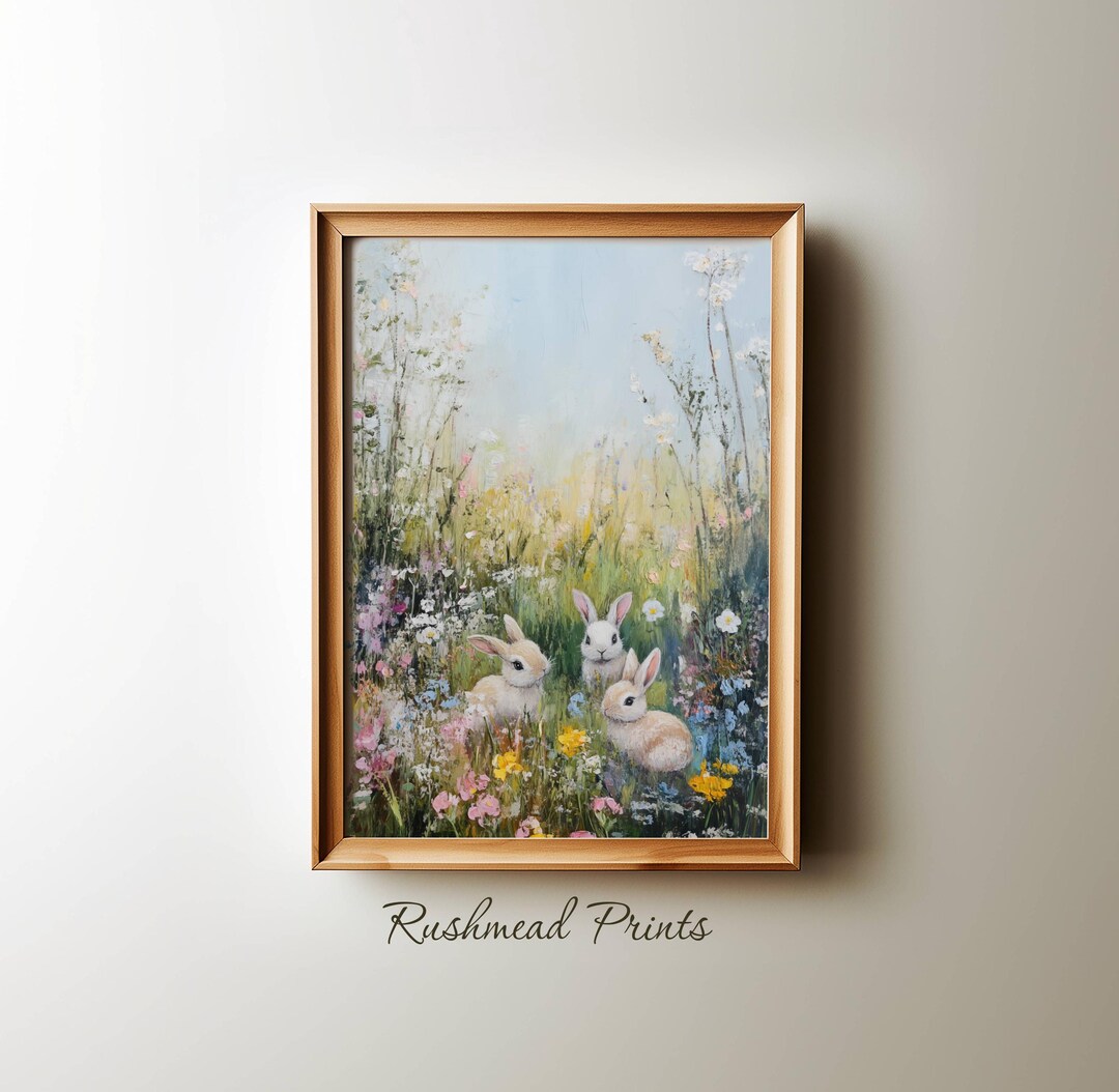 Rabbit Digital Artwork, Spring Wildflowers Vintage Style Painting ...