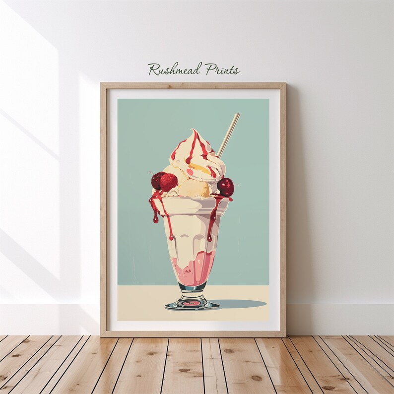 Ice Cream Sundae Poster, Vanilla, Raspberry, Cherry, Mid Century Modern ...