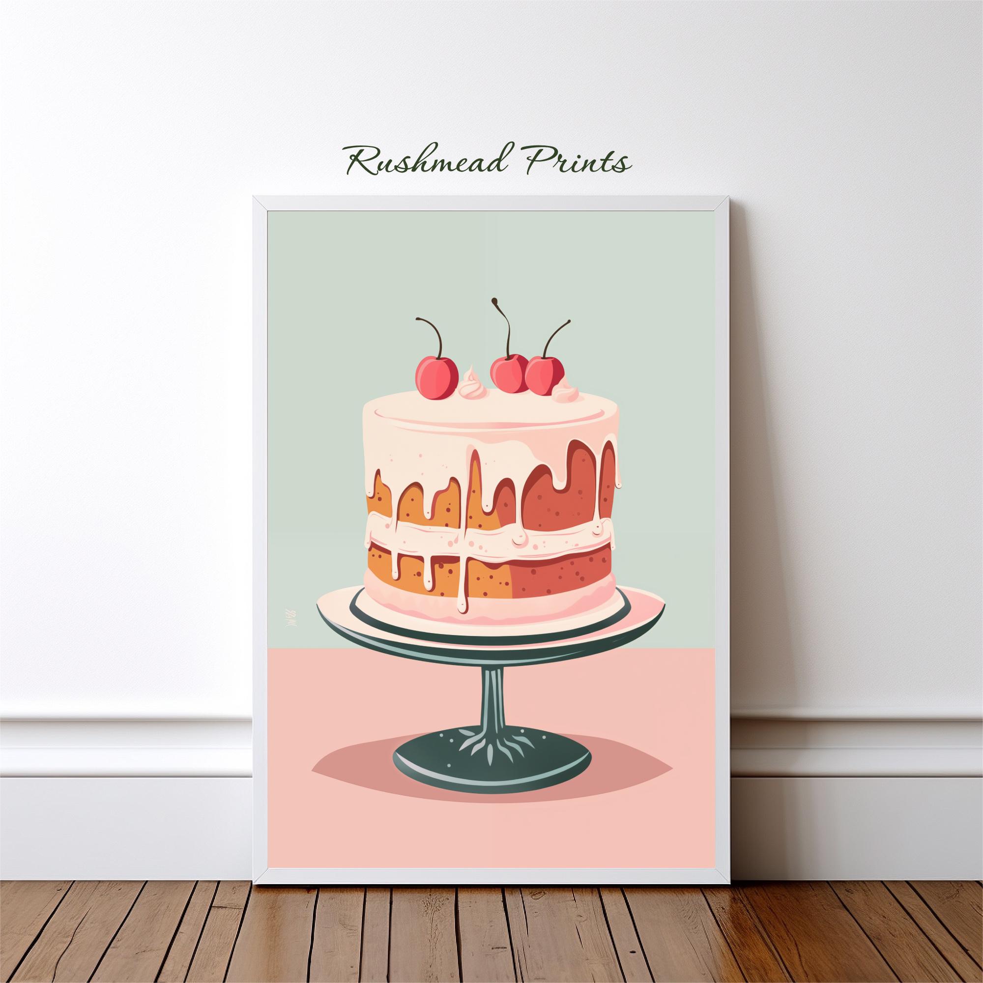 Sponge Cake Print, Cherry on Top, Love Baking Art, Mid Century Modern ...