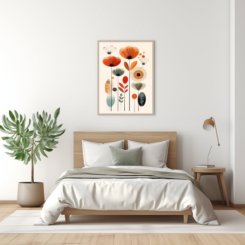 Mid Century Modern Flower Poster, Boho Botanical Wall Art, Digital Wall ...