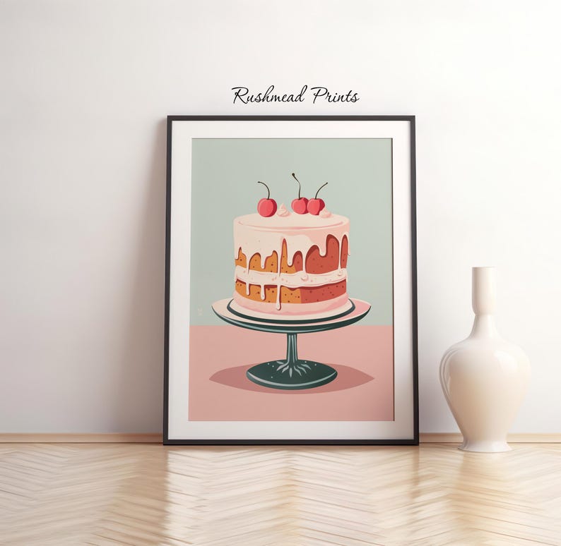Sponge Cake Print, Cherry on Top, Love Baking Art, Mid Century Modern ...
