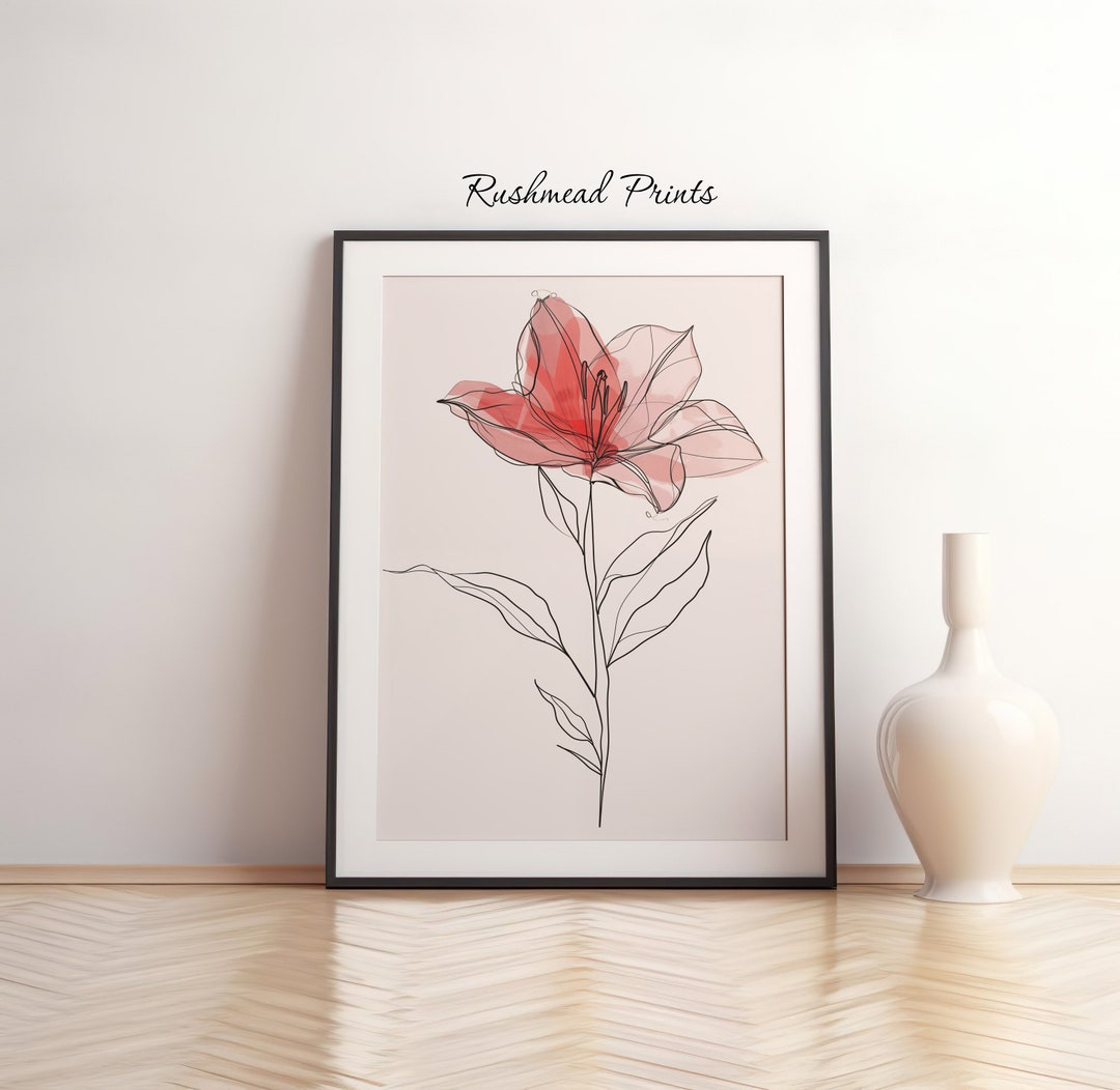 Fineline Printable Art, Lily Digital Print, Pink Lily Watercolour, Boho ...