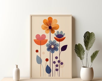 Mid Century Modern Flower Poster, Boho Botanical Wall Art, Digital Wall ...