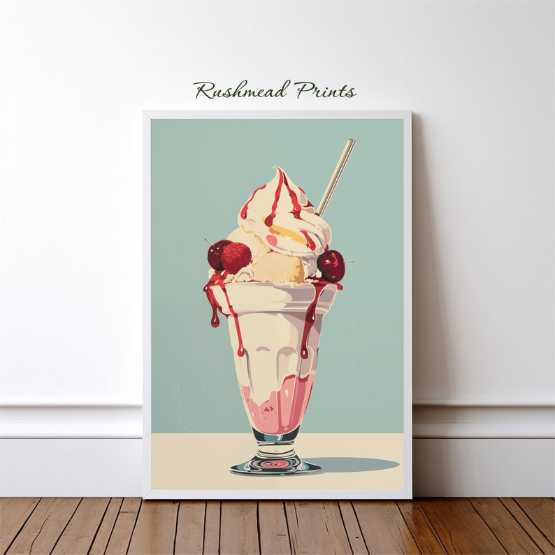 Ice Cream Sundae Poster, Vanilla, Raspberry, Cherry, Mid Century Modern ...