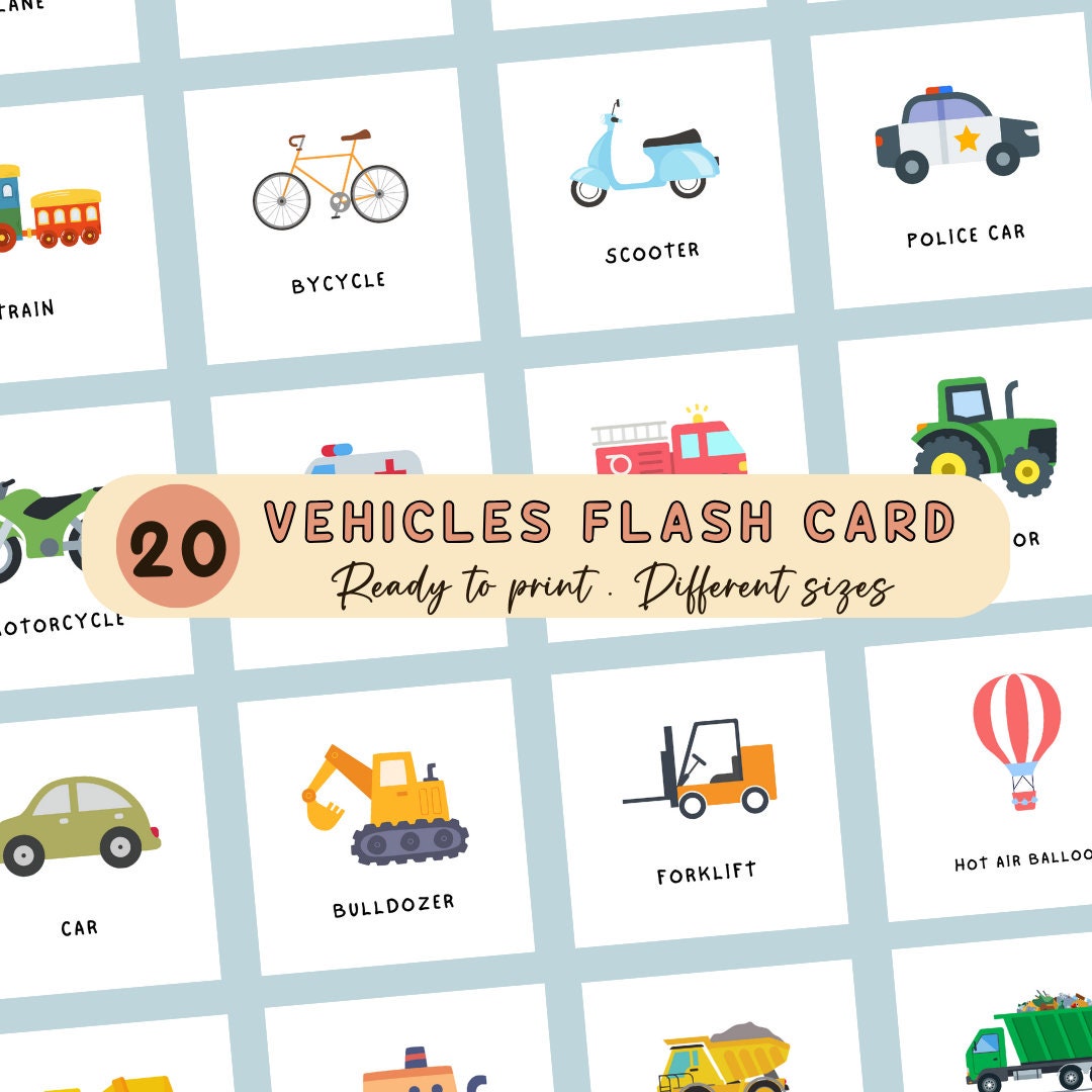 Vehicles Flash Card, Preschool Kindergarten Activity, Montessori ...