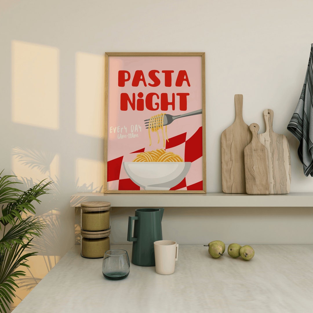 Bright Pink and Red 'pasta Night' Poster With Spaghetti Bowl and Check ...