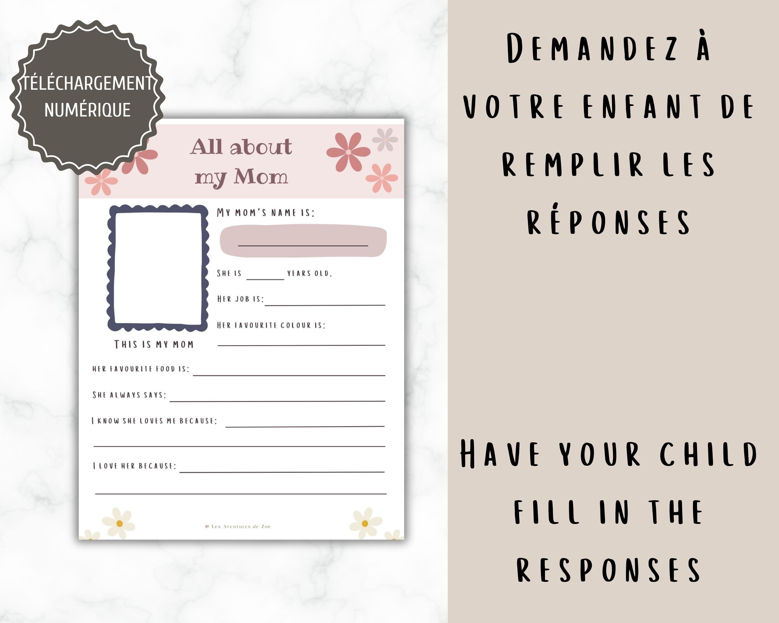 Questionnaire Fête Des Mères Pour Enfant, Mother's Day Questionnaire ...