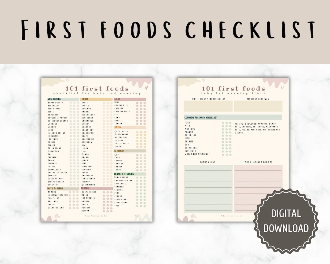 101 Foods Checklist PRINTABLE, Baby First Foods Tracker, Baby Led ...