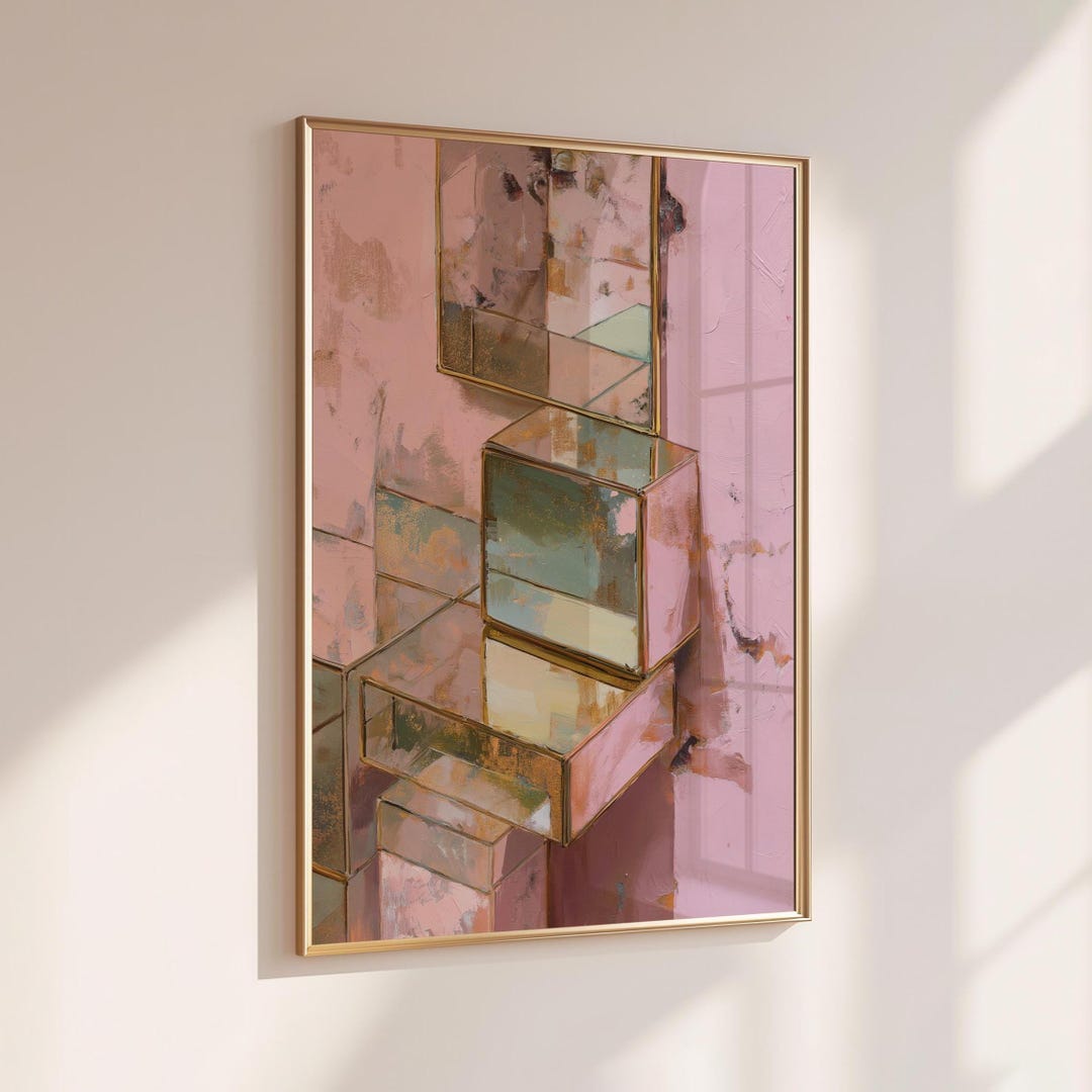 Modern Abstract Mirror Cube Wall Art – Pink and Gold Geometric Digital ...