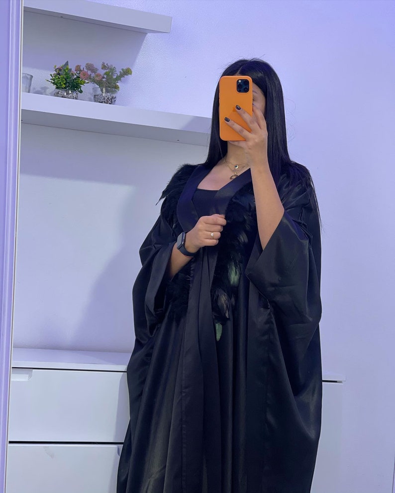 Abaya With Black Feathers,maxi Dress Eid Djellaba Abaya Dubai Shiny Soft Silky Muslim Abaya ...
