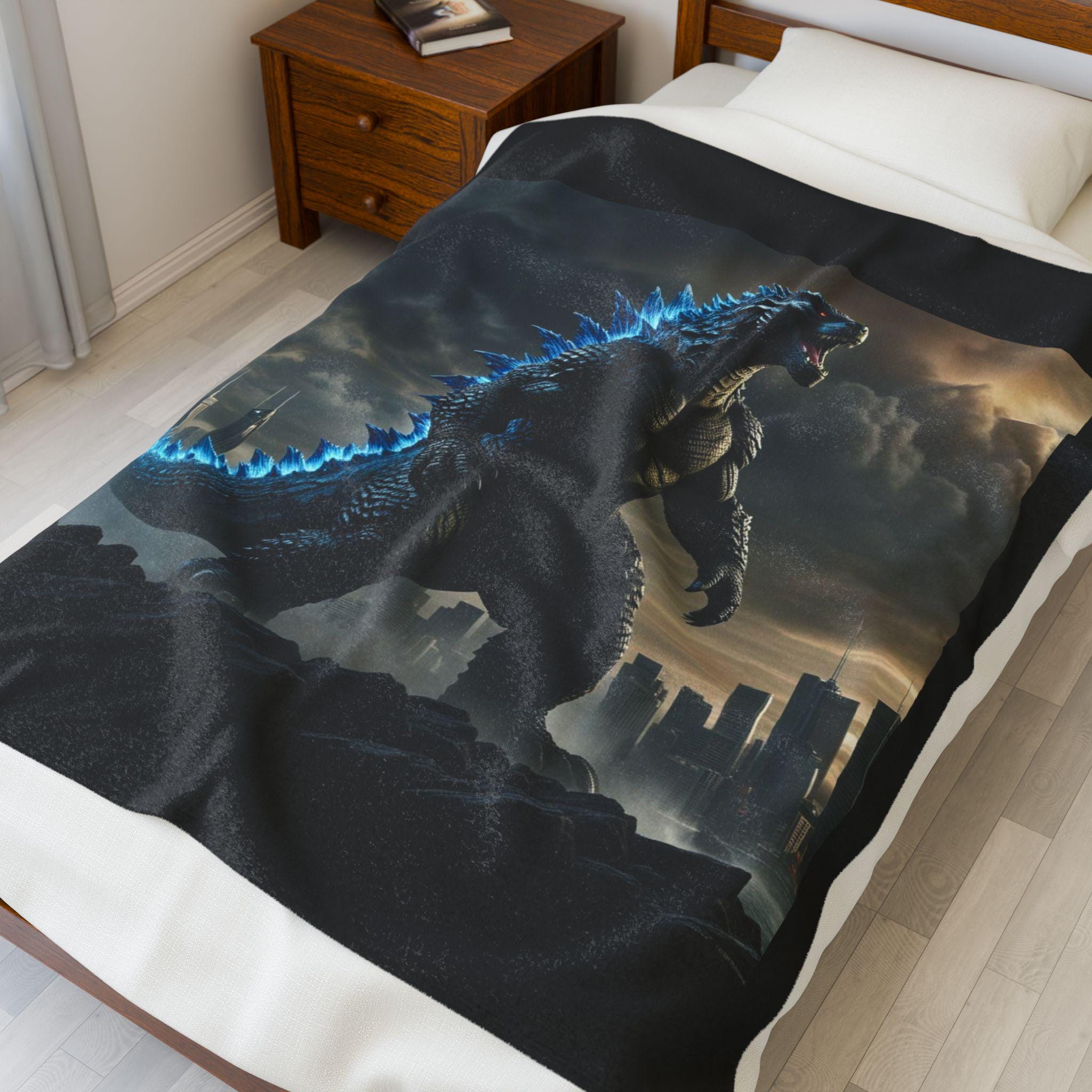Godzilla Monster Illustration Velveteen Plush Blanket Black Kaiju ...