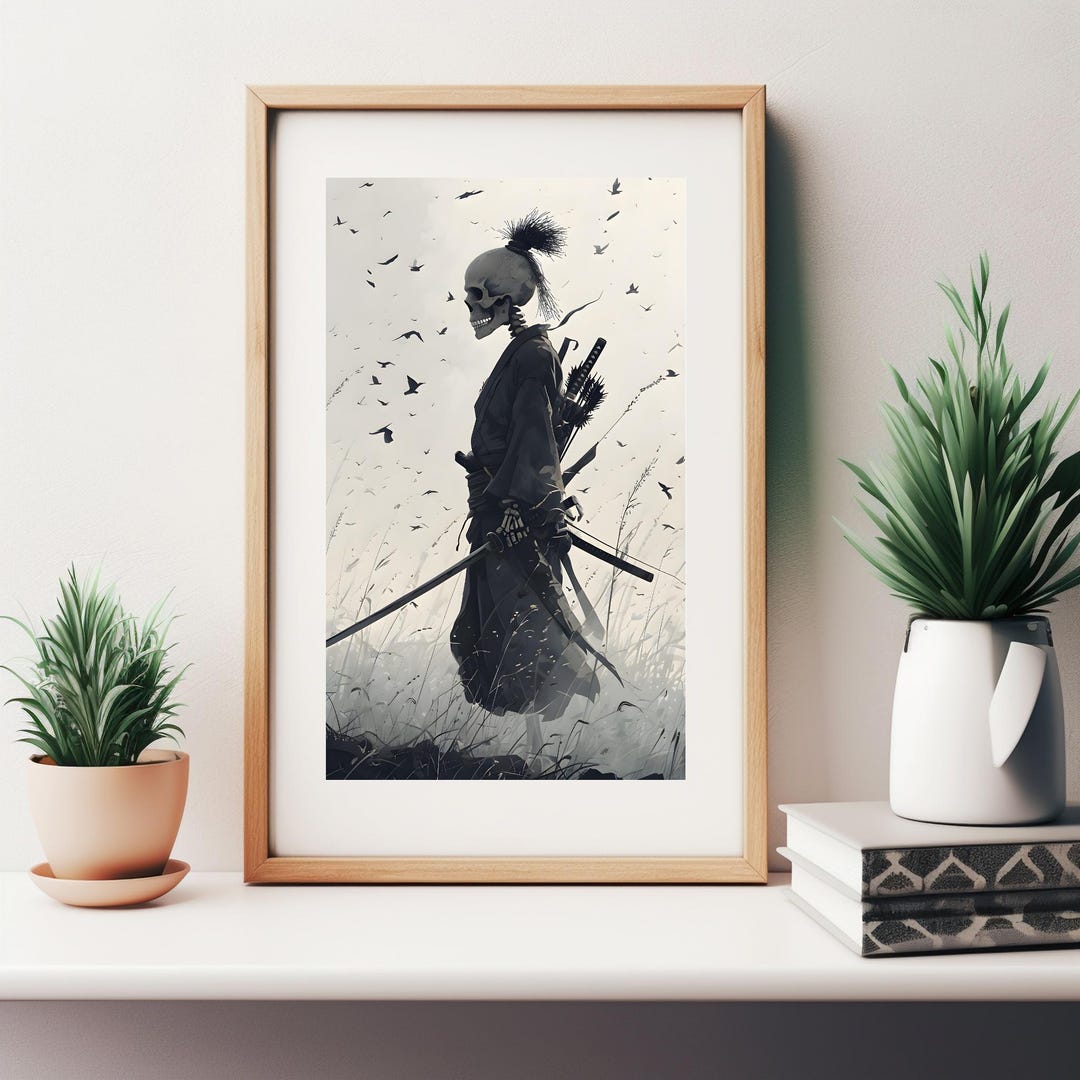 Ethereal Samurai Japandi Wall Art A Skeletal Warrior in Traditional ...