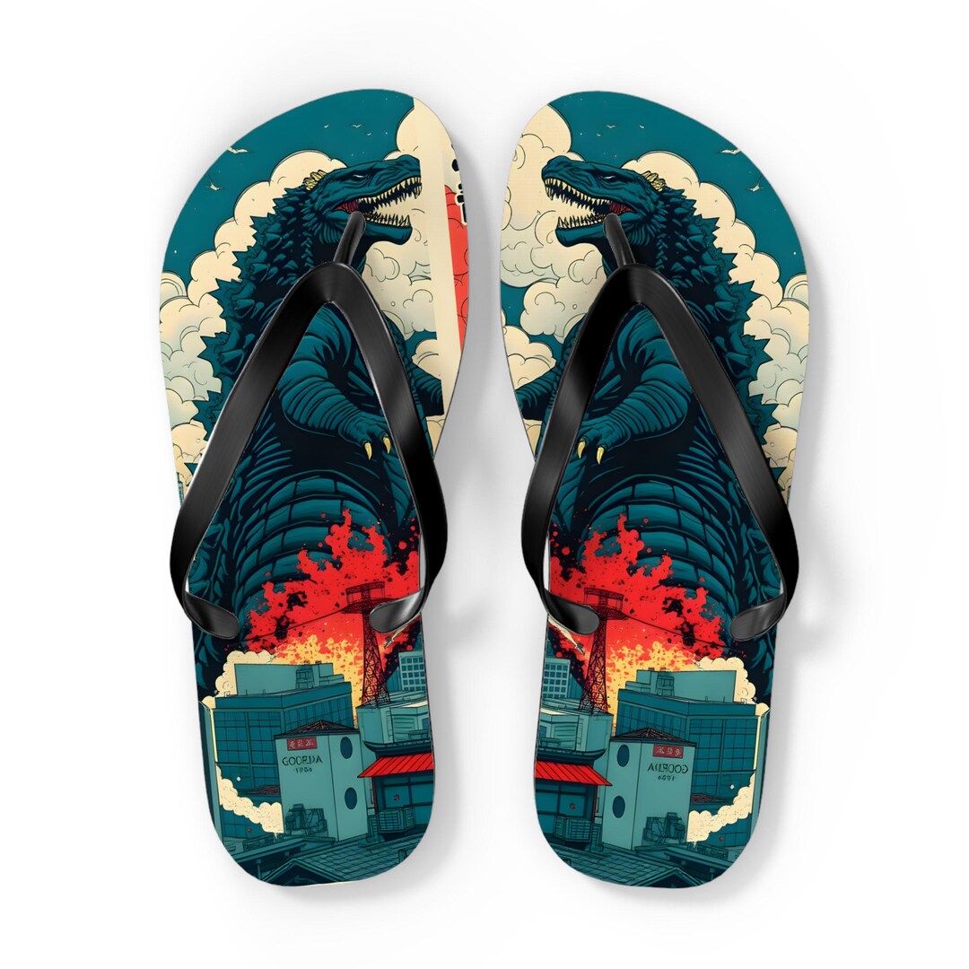 Godzilla Flip Flops | Kaiju City Rampage Beach Sandals | Monster Art ...
