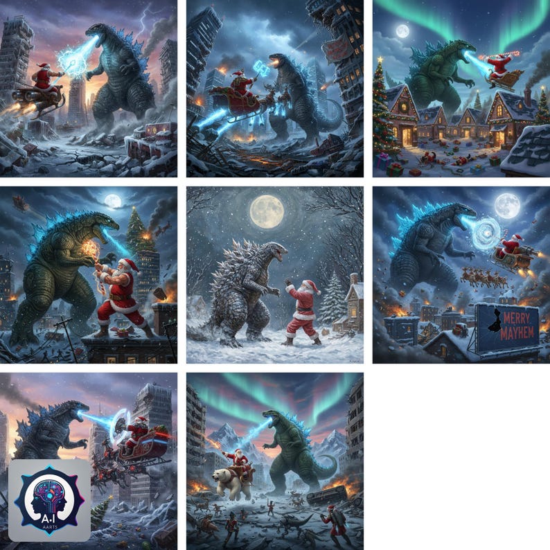 Godzilla Vs Santa Clipart | Humorous Holiday PNG | Instant Download - Etsy