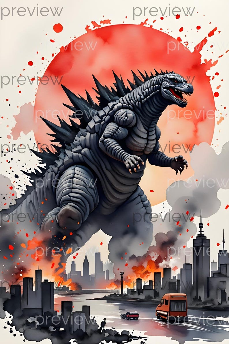 Kaiju Monster Godzilla PNG Rampage Over Cityscape With Red Sun - Epic ...