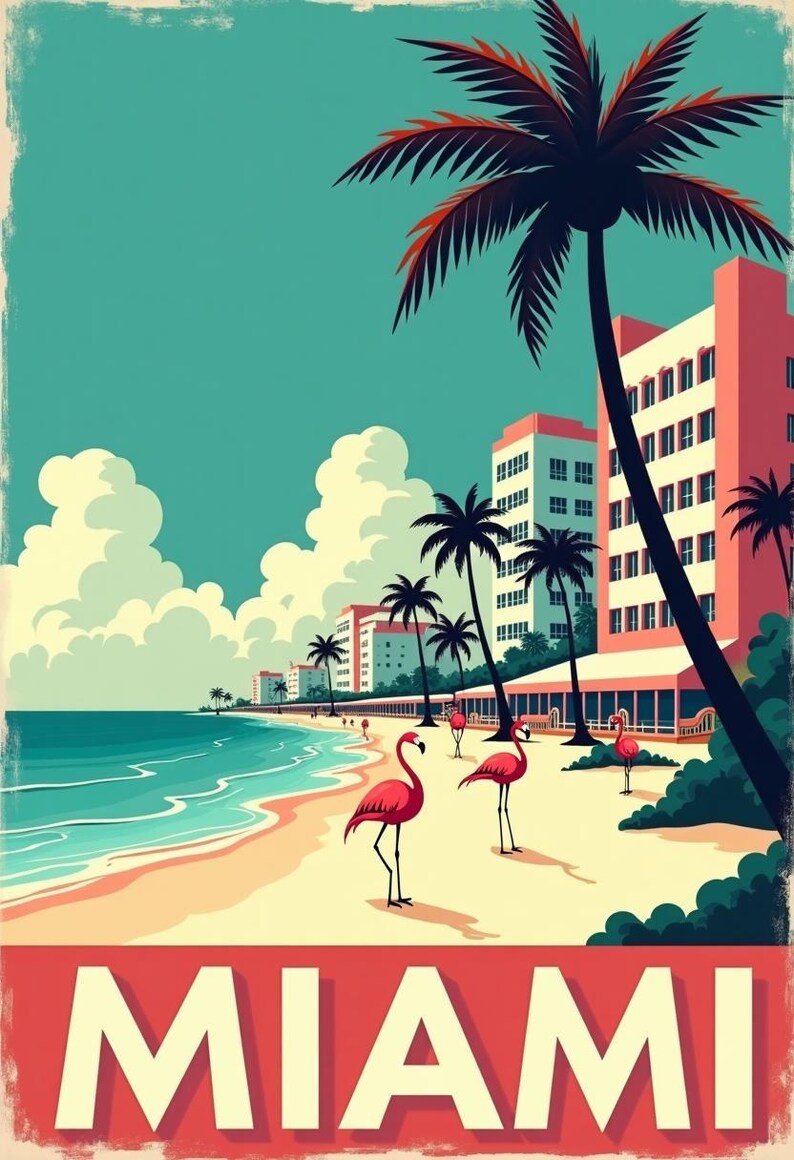 Miami Vintage Travel Poster | Art Deco Print - Etsy