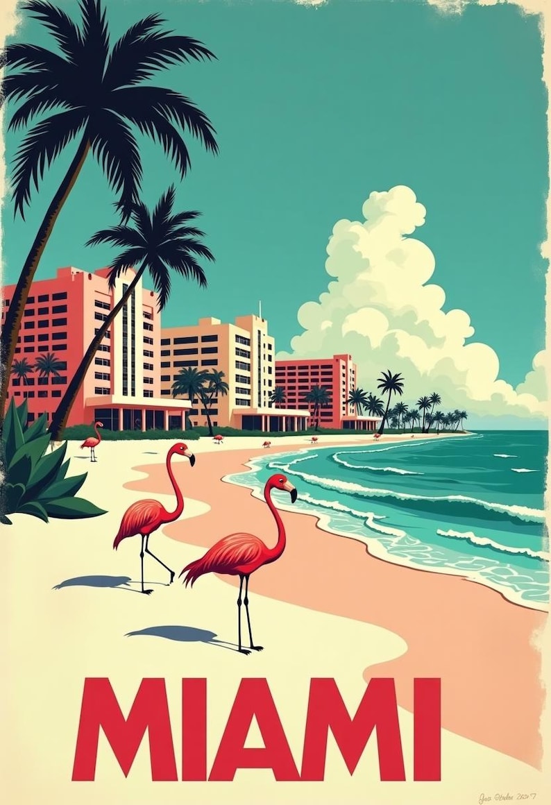 Miami Vintage Travel Poster | Art Deco Print - Etsy