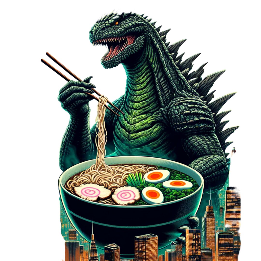 Godzilla Clipart Enjoying Ramen Noodles With Chopsticks in Urban ...