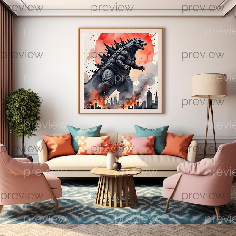 Kaiju Monster Godzilla PNG Rampage Over Cityscape With Red Sun - Epic ...
