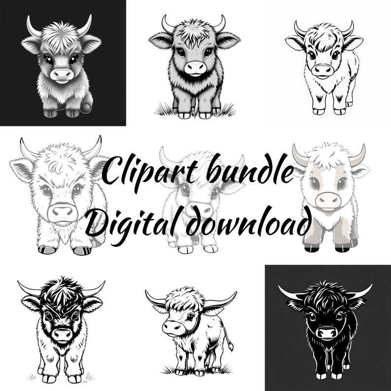 Highland Cow Clipart | Cartoon Scottish Coo PNG (instant Download) - Etsy