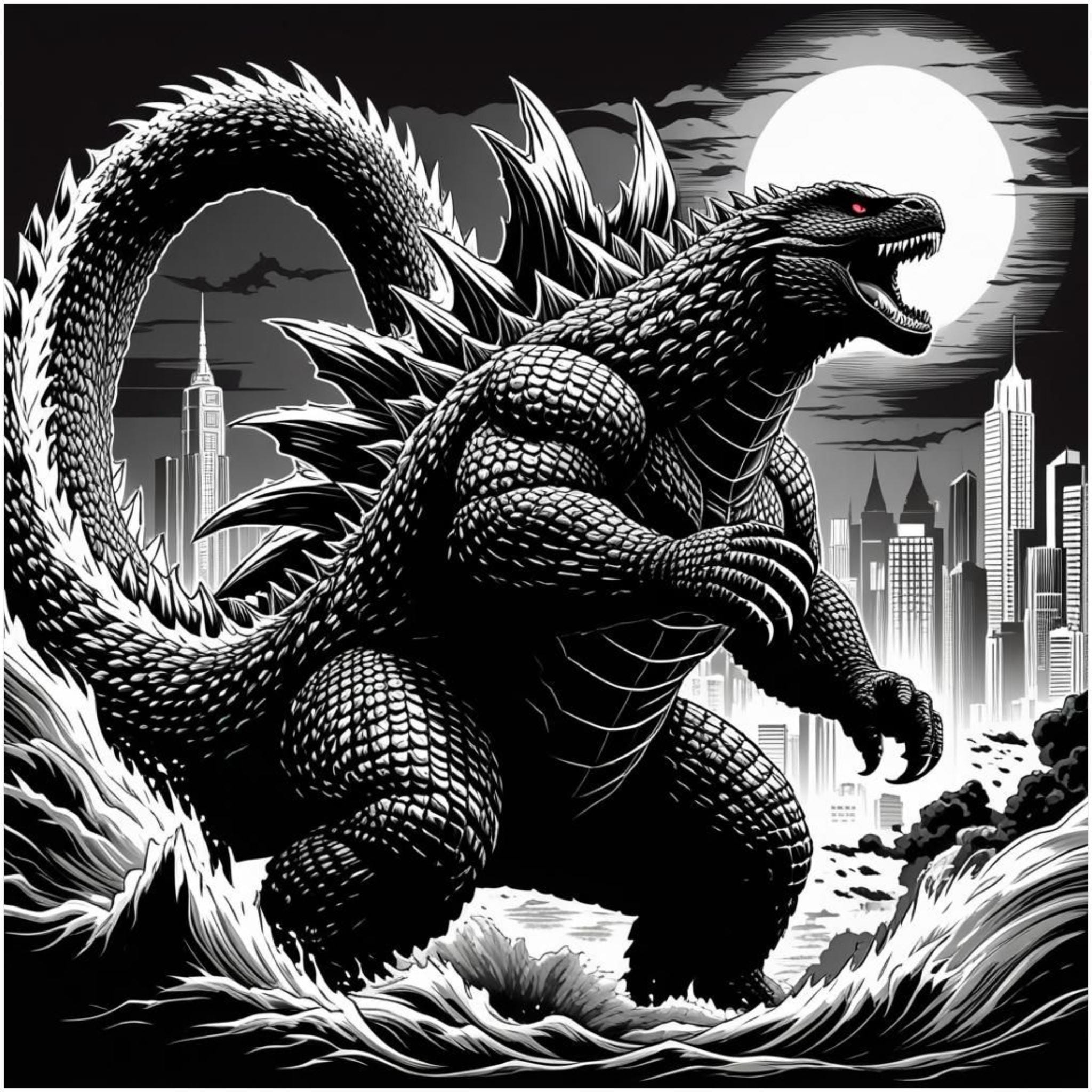 Godzilla Clipart Roaring Amidst City Ruins - Dramatic Black and White ...