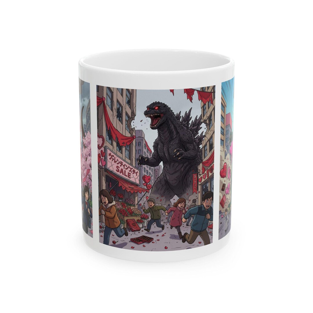 Kaiju Godzilla Rampage Ceramic Mug | Anti Valentines Day City Streets ...