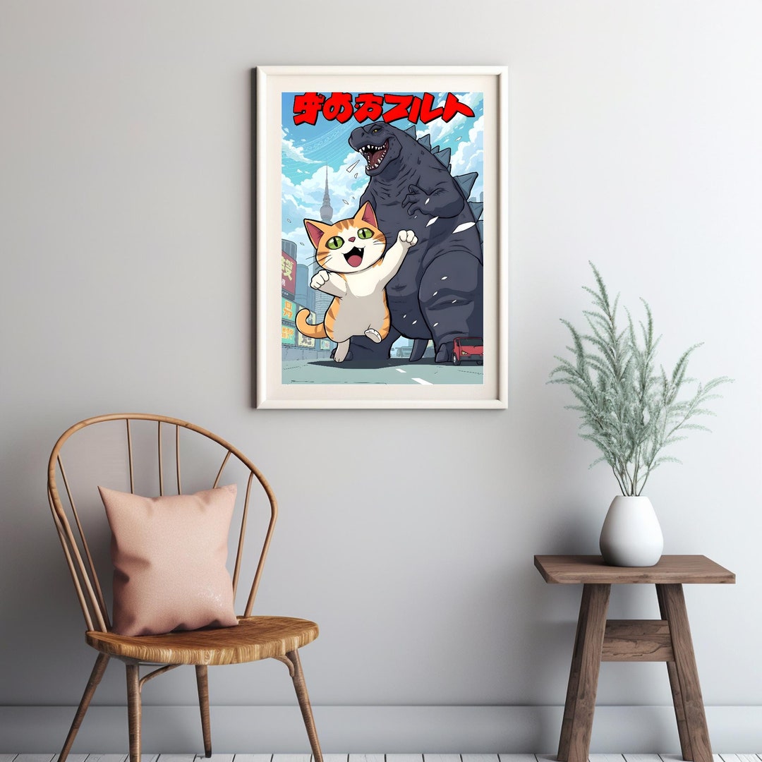 Cat Vs Godzilla Catzilla Wall Art - A Playful Battle in a Colorful ...