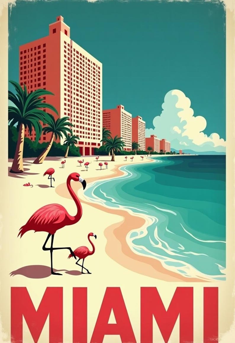 Miami Vintage Travel Poster | Art Deco Print - Etsy