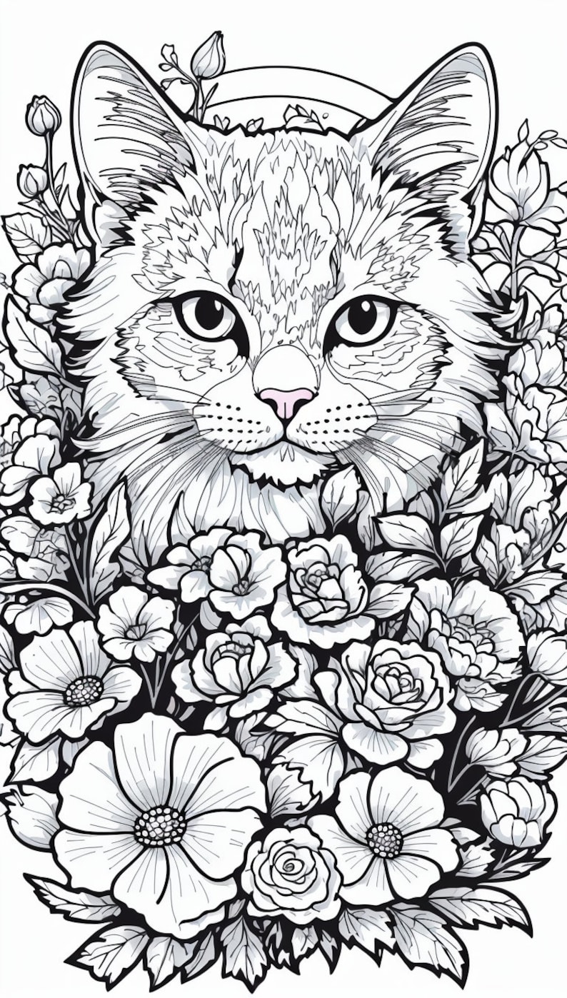 Cat Coloring Book & Floral Pages - Fun Digital Download for Cat Lovers ...