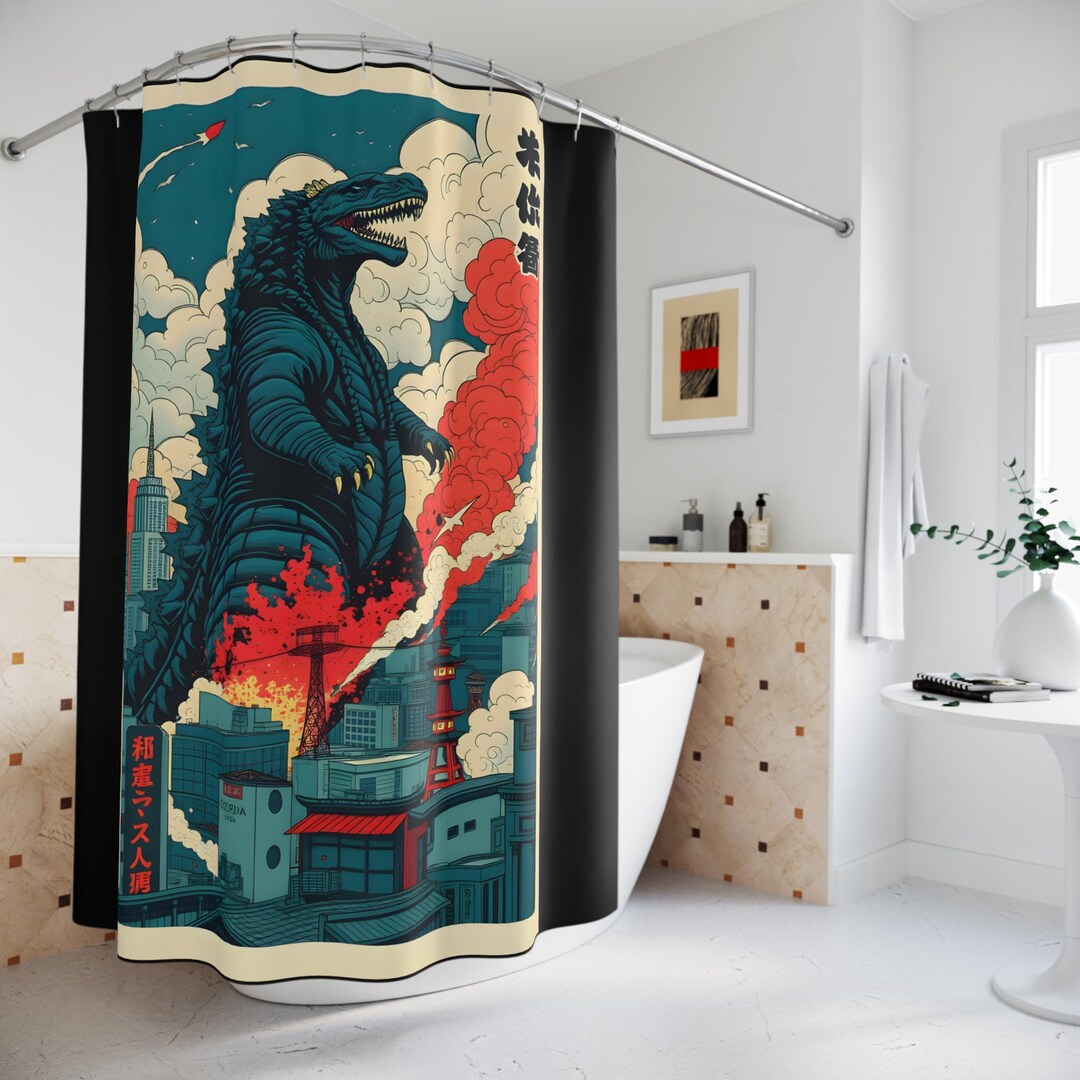 Godzilla Kaiju Shower Curtain | Vintage Japanese Monster Cityscape - Etsy