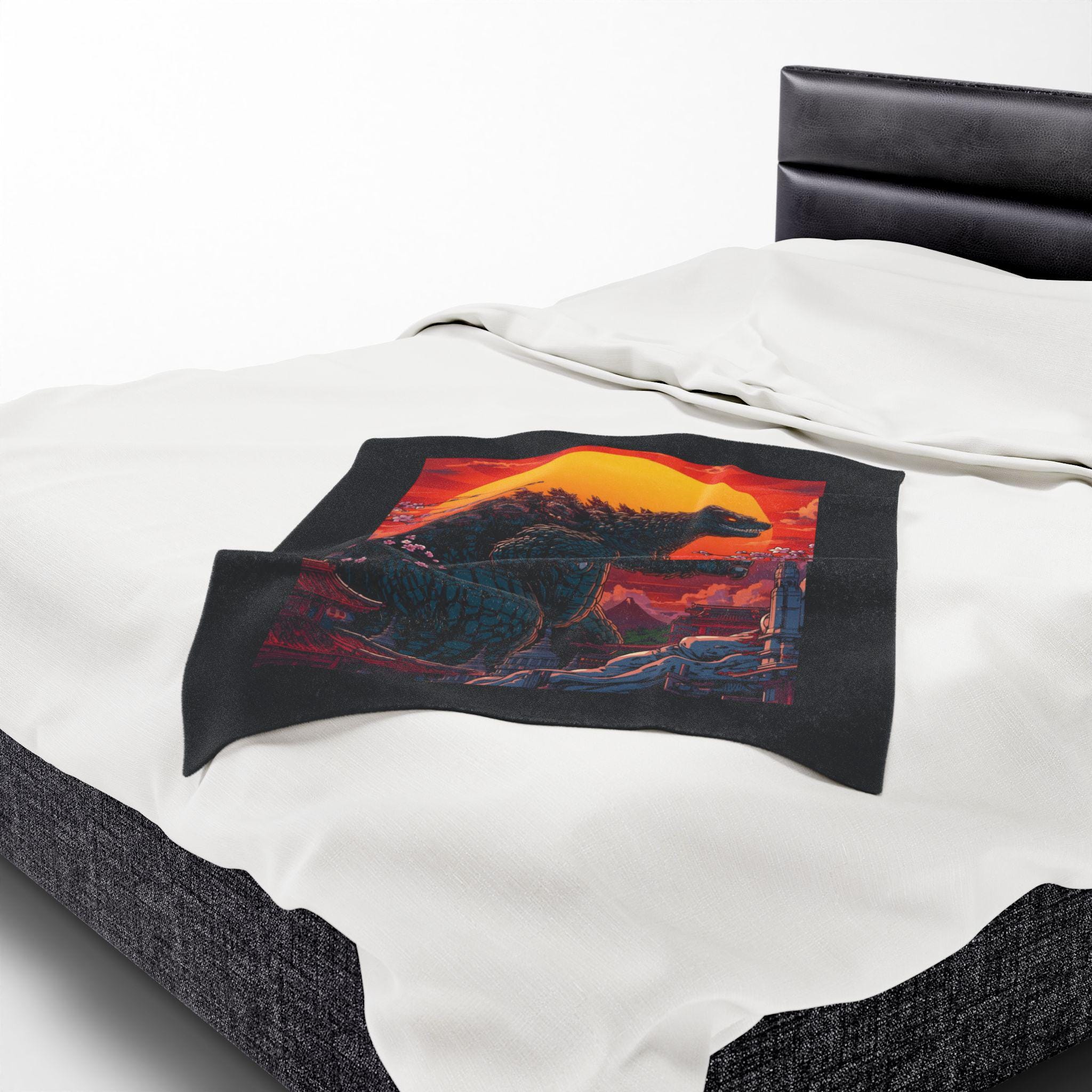 Retro Godzilla Monster Sunset Illustration Velveteen Plush Blanket ...