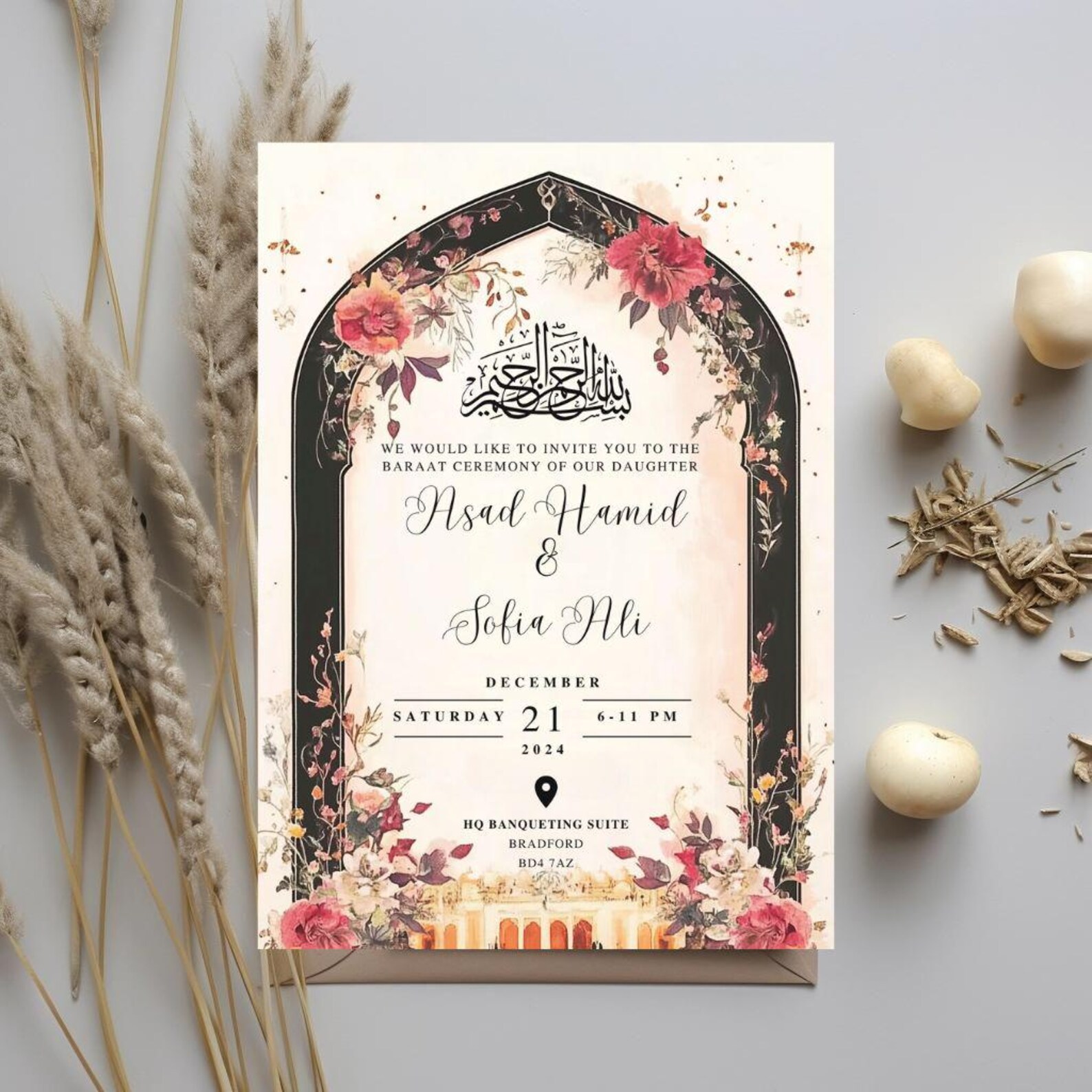 Digital Muslim Wedding Invitation Template, Electronic Elegant Black ...