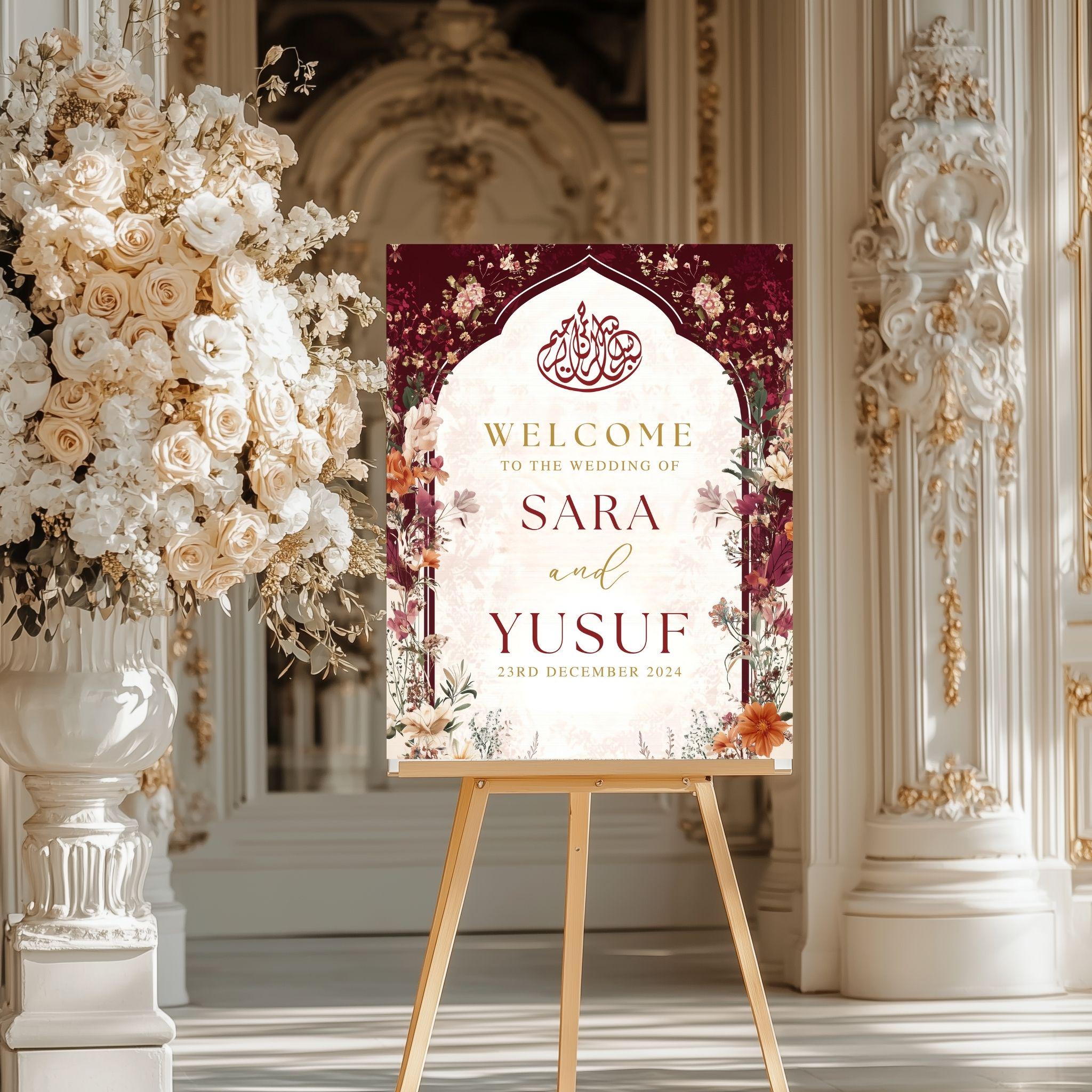 Baraat Welcome Sign as Wedding Decor, Red Maroon Nikkah Welcome Sign ...