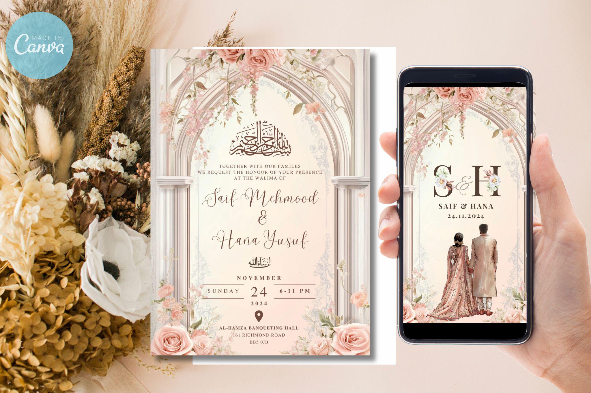 Digital Muslim Wedding Invitation Template, Electronic Elegant Mughal ...