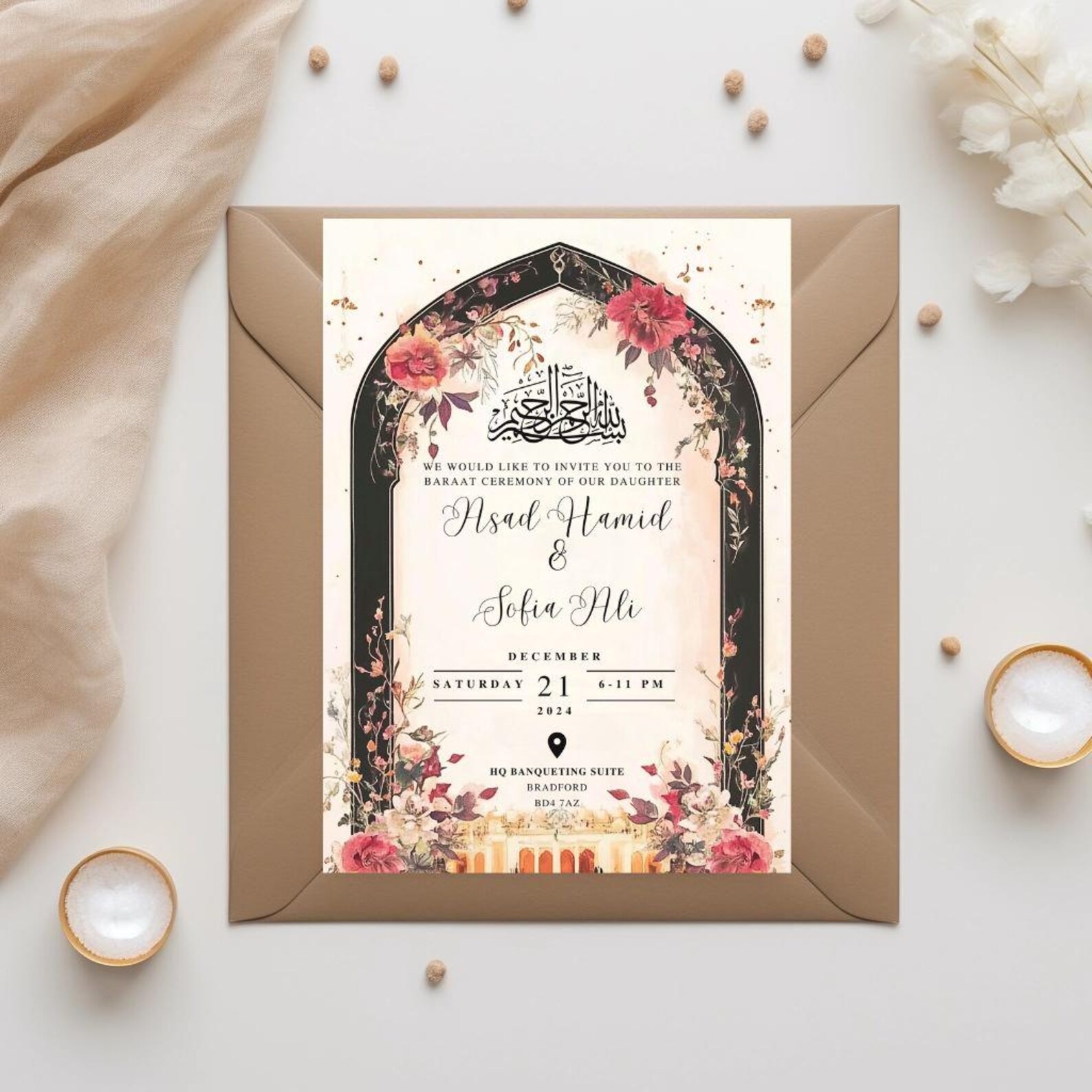 Digital Muslim Wedding Invitation Template, Electronic Elegant Black ...
