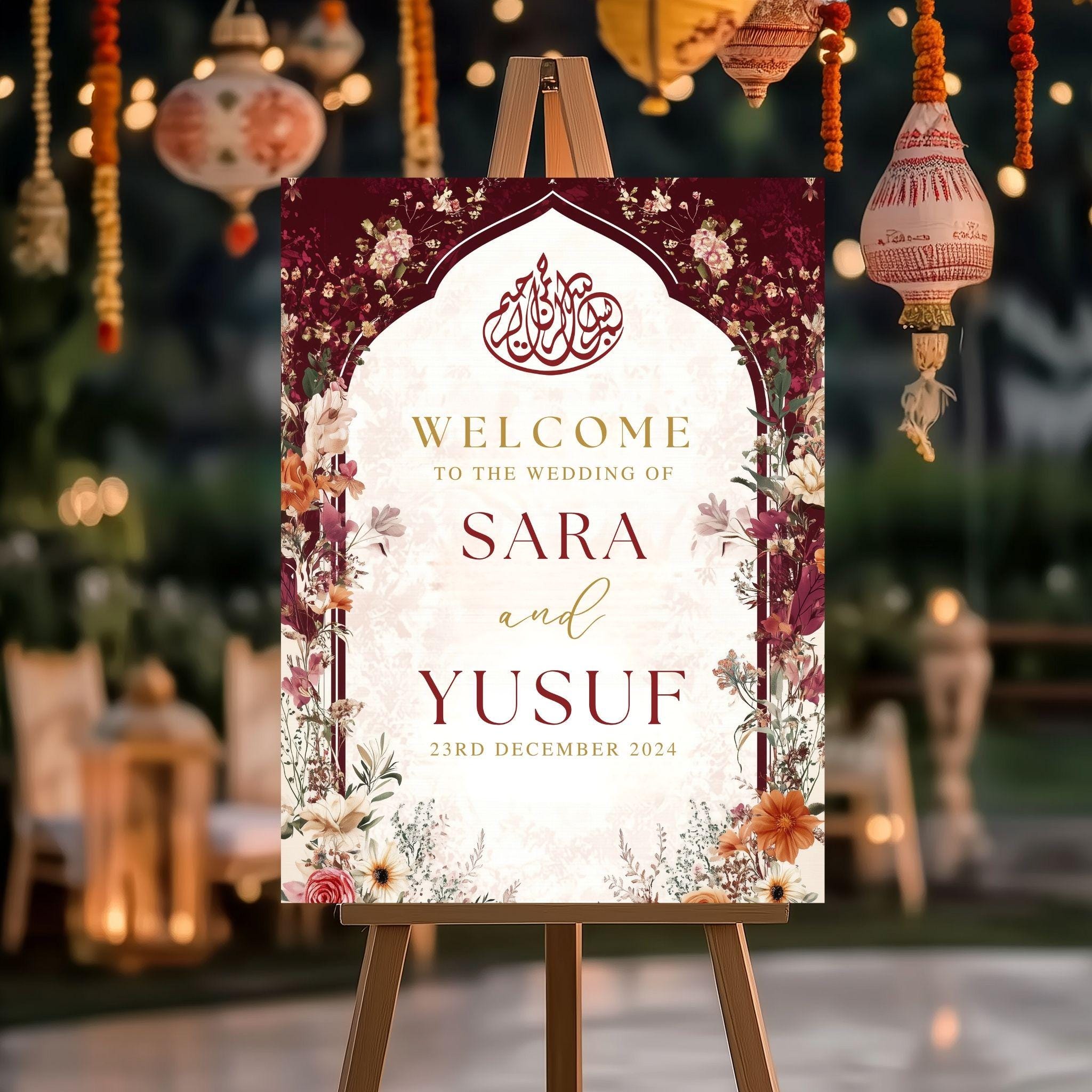 Baraat Welcome Sign as Wedding Decor, Red Maroon Nikkah Welcome Sign ...