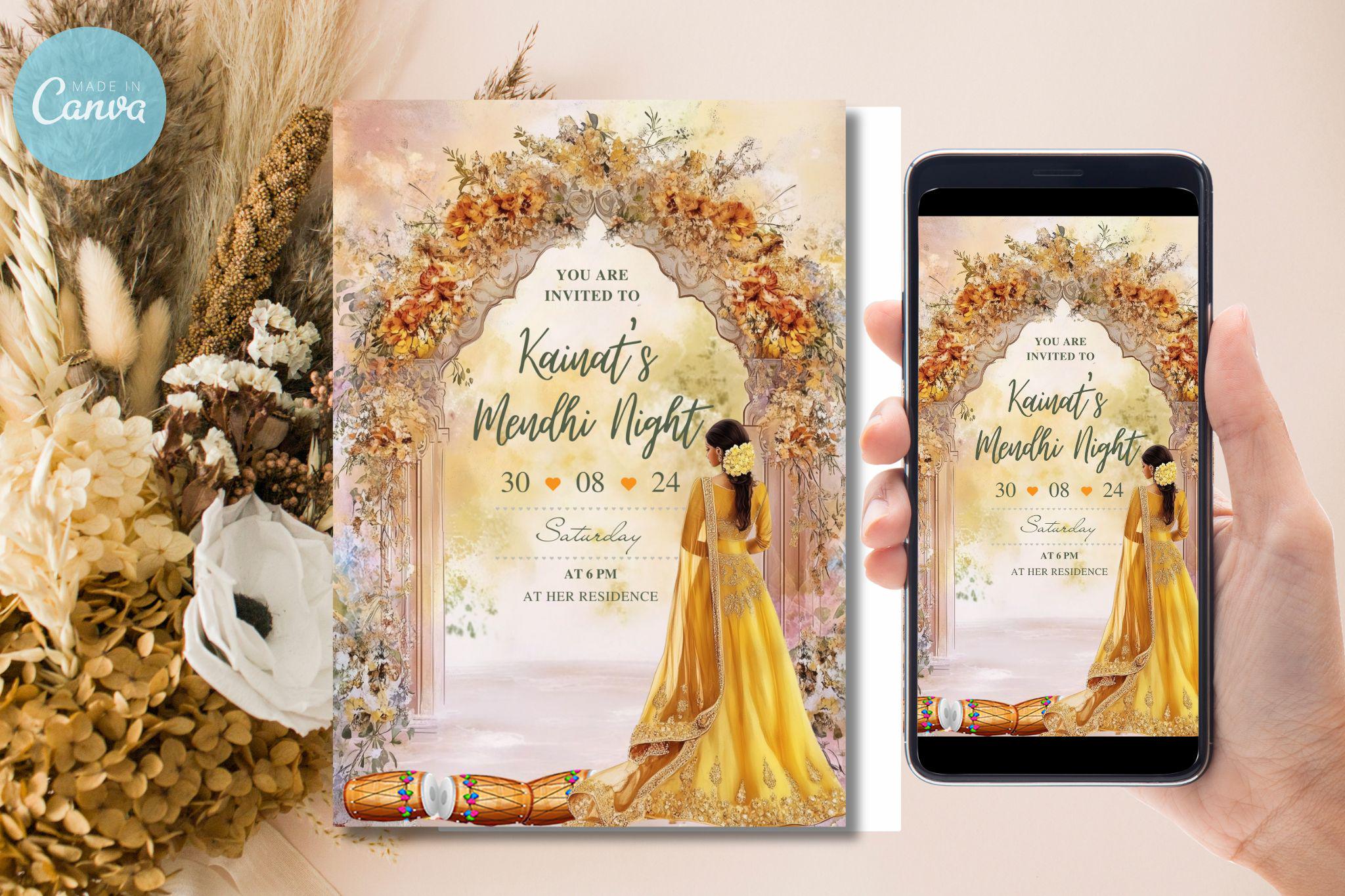 Floral Mehndi Night Invitation: Editable Dholki Invite (digital ...