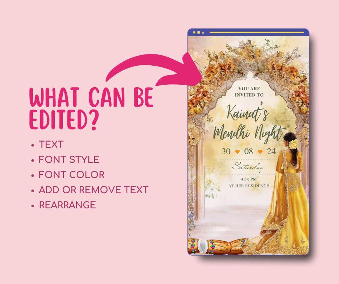 Floral Mehndi Night Invitation: Editable Dholki Invite (digital ...