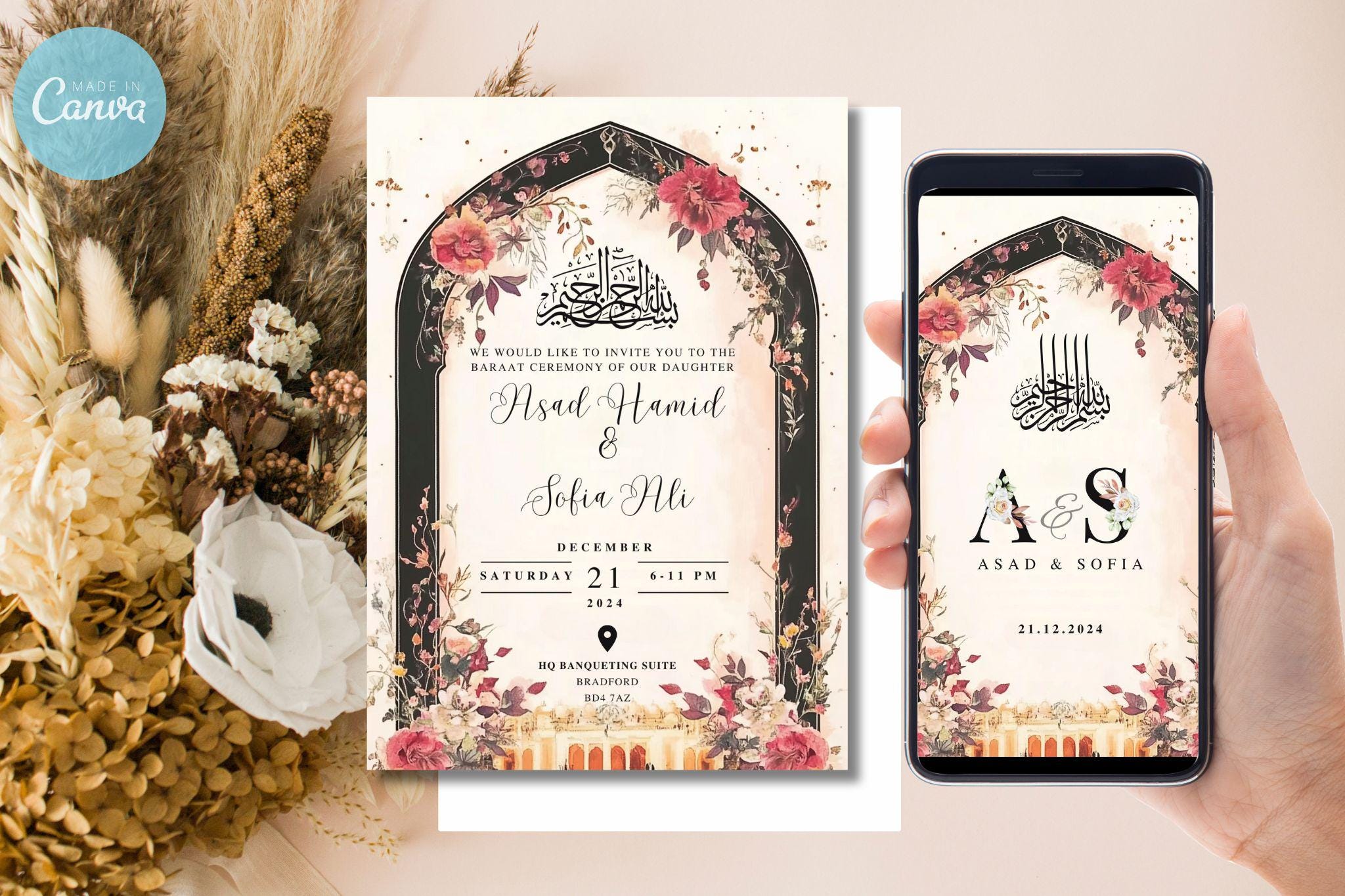 Digital Muslim Wedding Invitation Template, Electronic Elegant Black ...