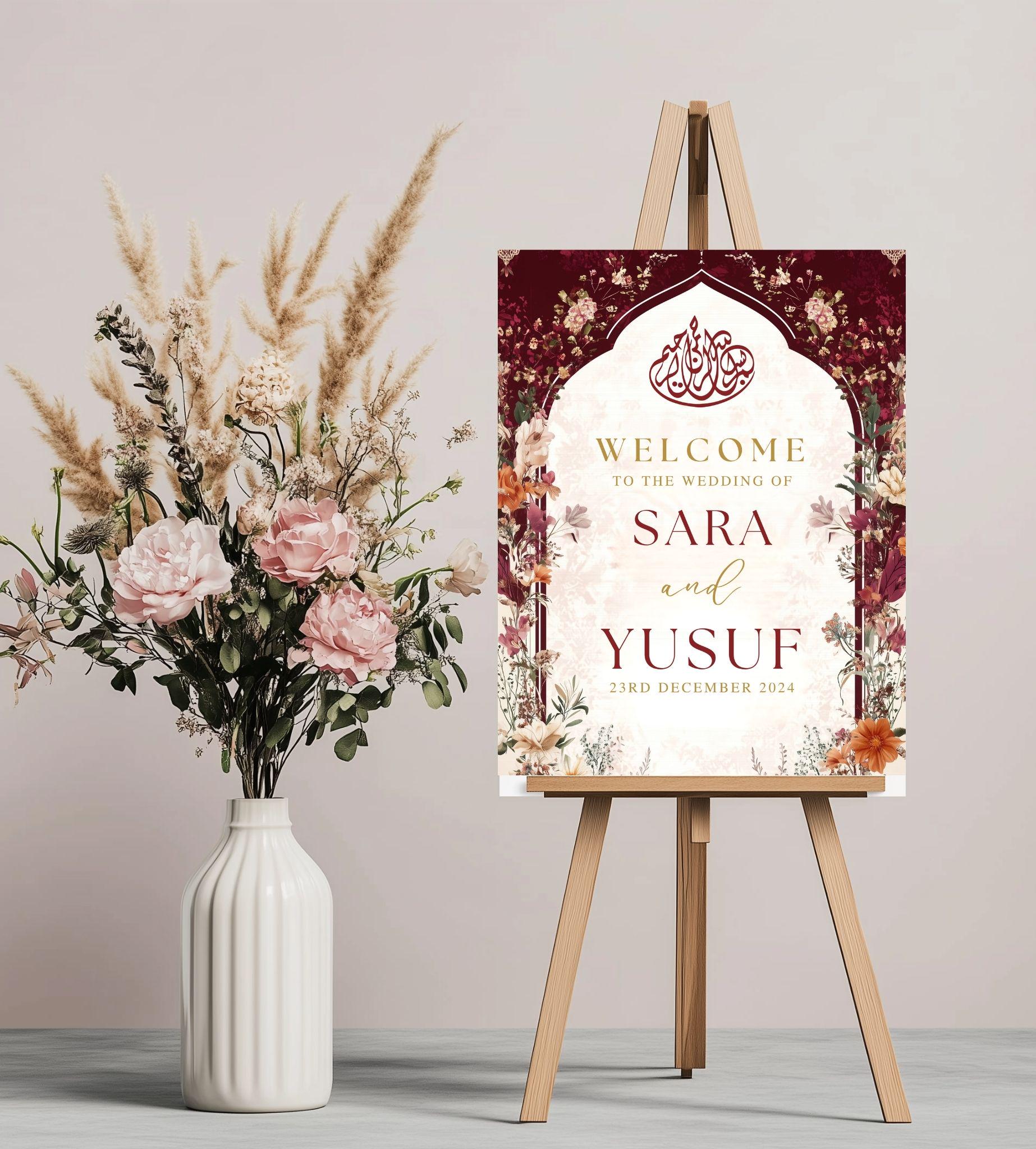Baraat Welcome Sign as Wedding Decor, Red Maroon Nikkah Welcome Sign ...