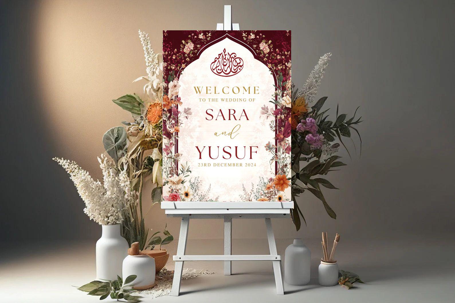 Baraat Welcome Sign as Wedding Decor, Red Maroon Nikkah Welcome Sign ...