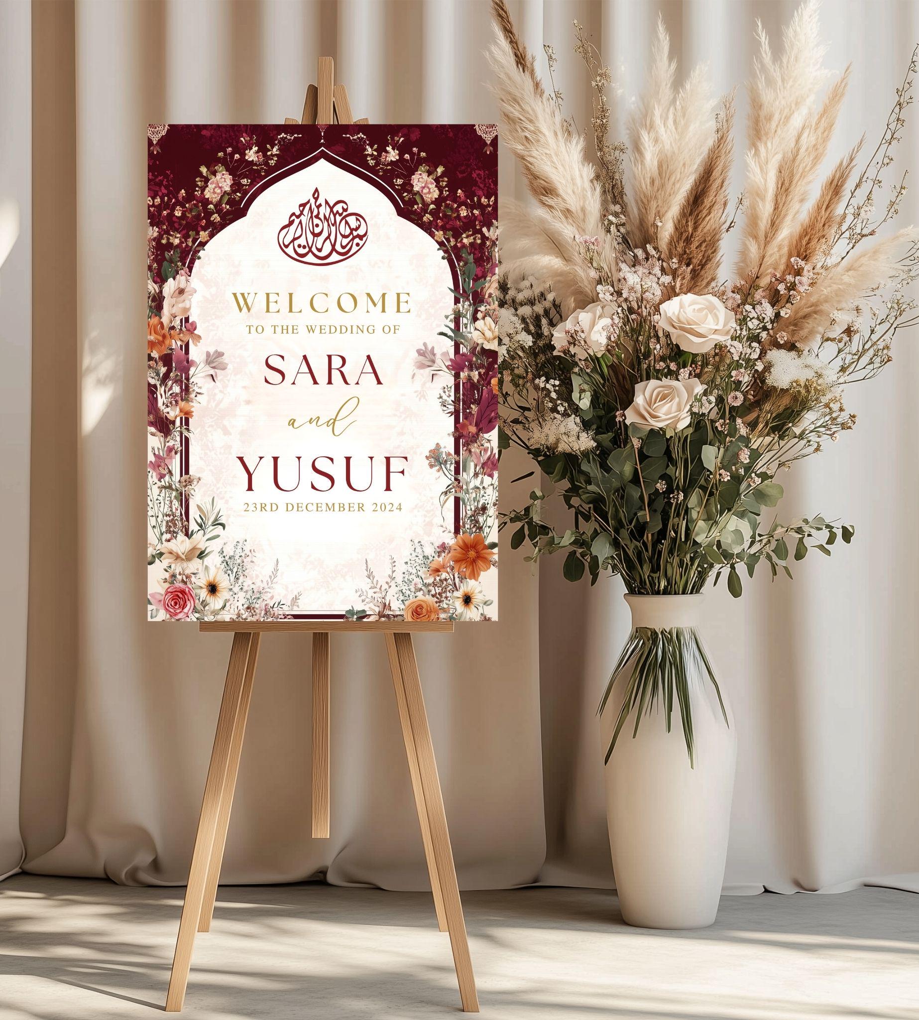 Baraat Welcome Sign as Wedding Decor, Red Maroon Nikkah Welcome Sign ...