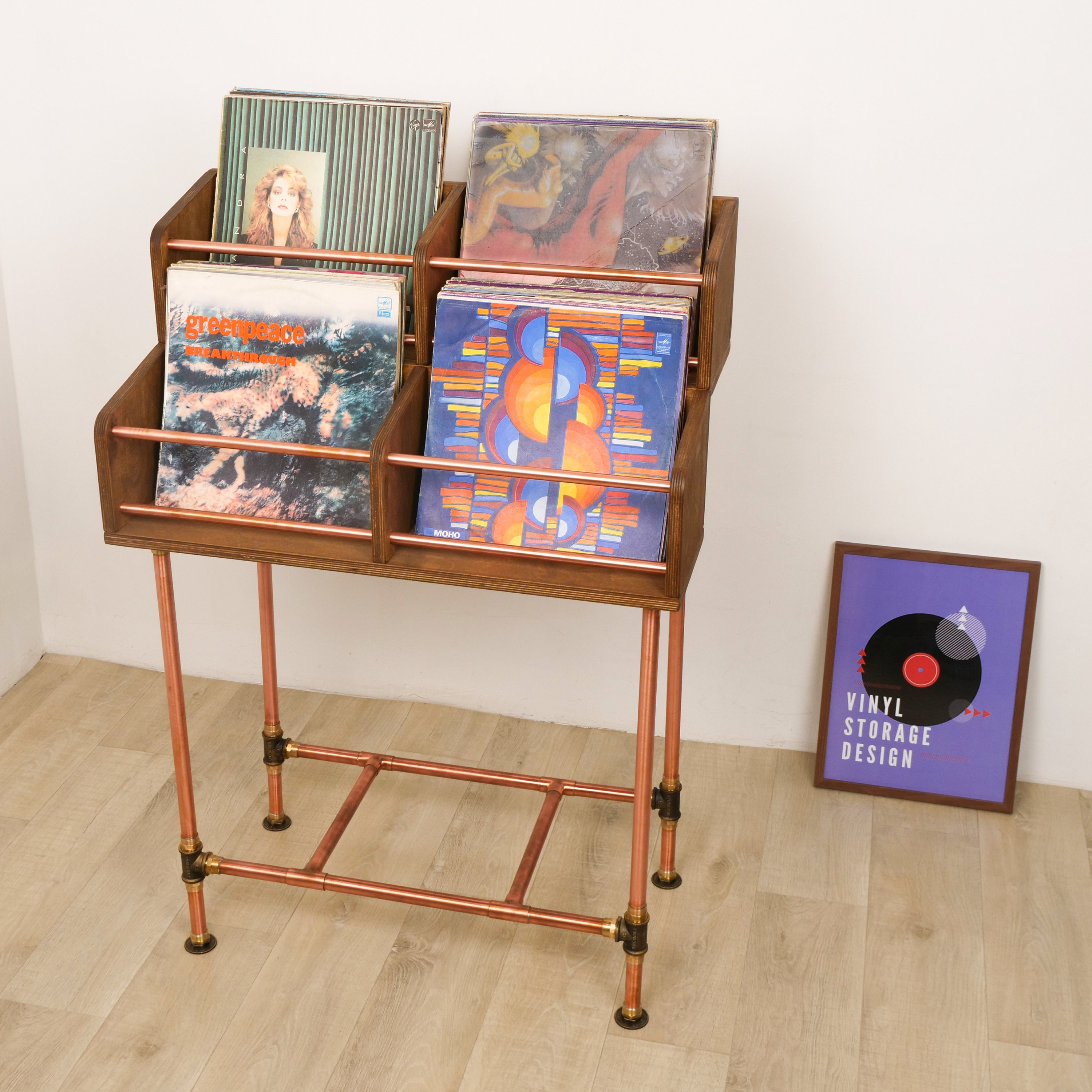 Vinyl Record Storage Copper & Wood 4-pack Large Record Storage Cabinet ...